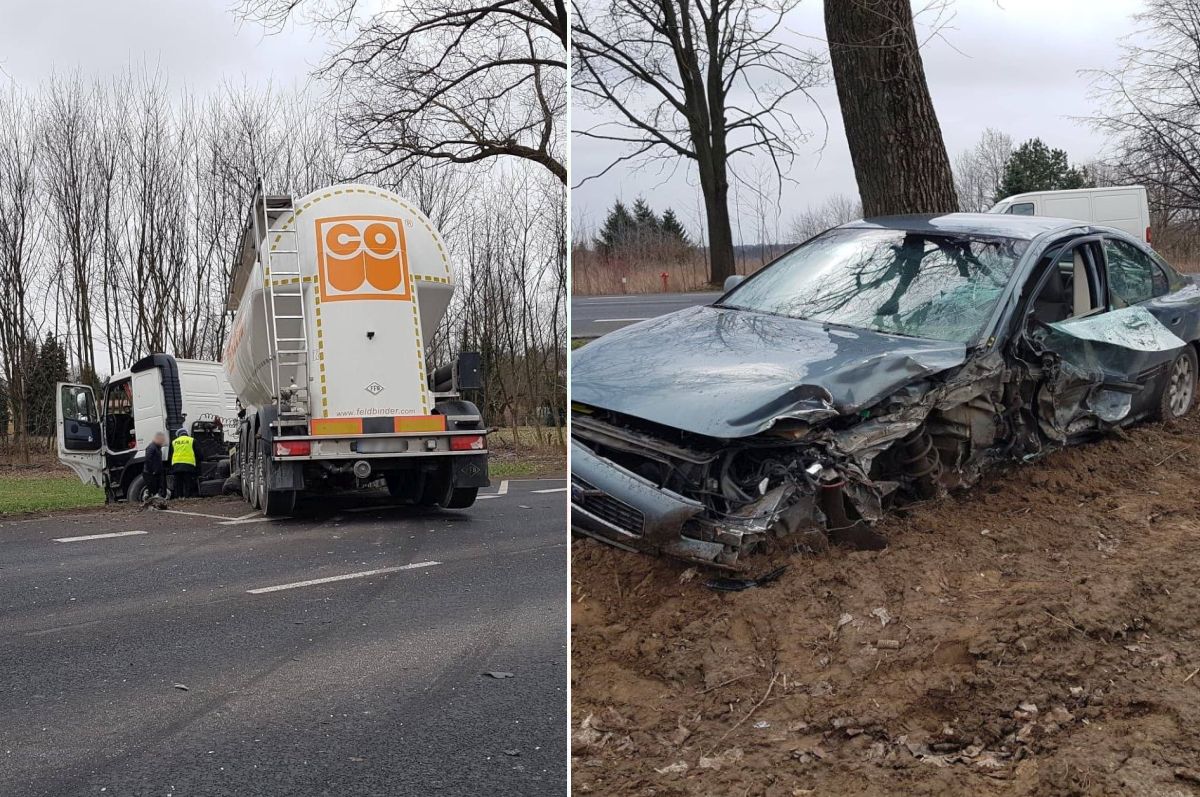 Zderzenie osobowego volvo z ciężarowym na wjeździe do Lublina. Są ...